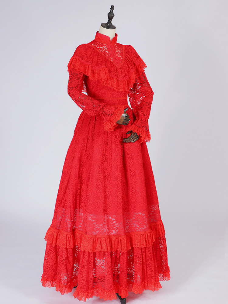 Red Victorian Edwardian Christmas Holiday Premium Lace Overlay Dress ...