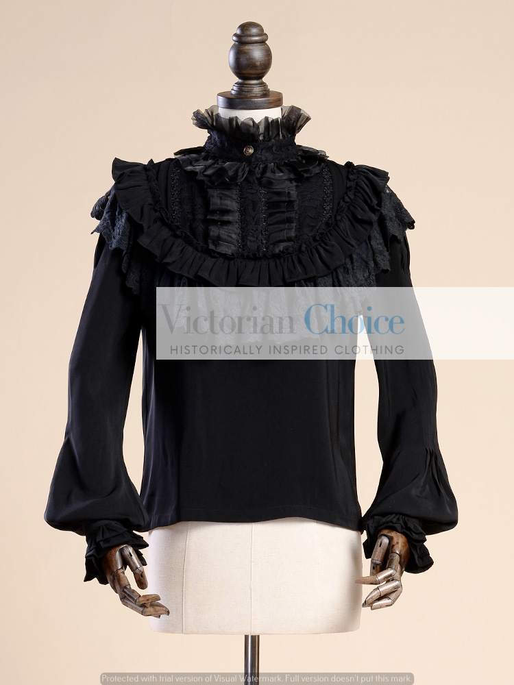 Victorian Edwardian Gothic Ruffled High Collar Black Blouse Shirt ...