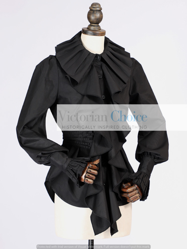 Black Victorian Romantic Vintage Waterfall Ruffle and Balloon Sleeve ...