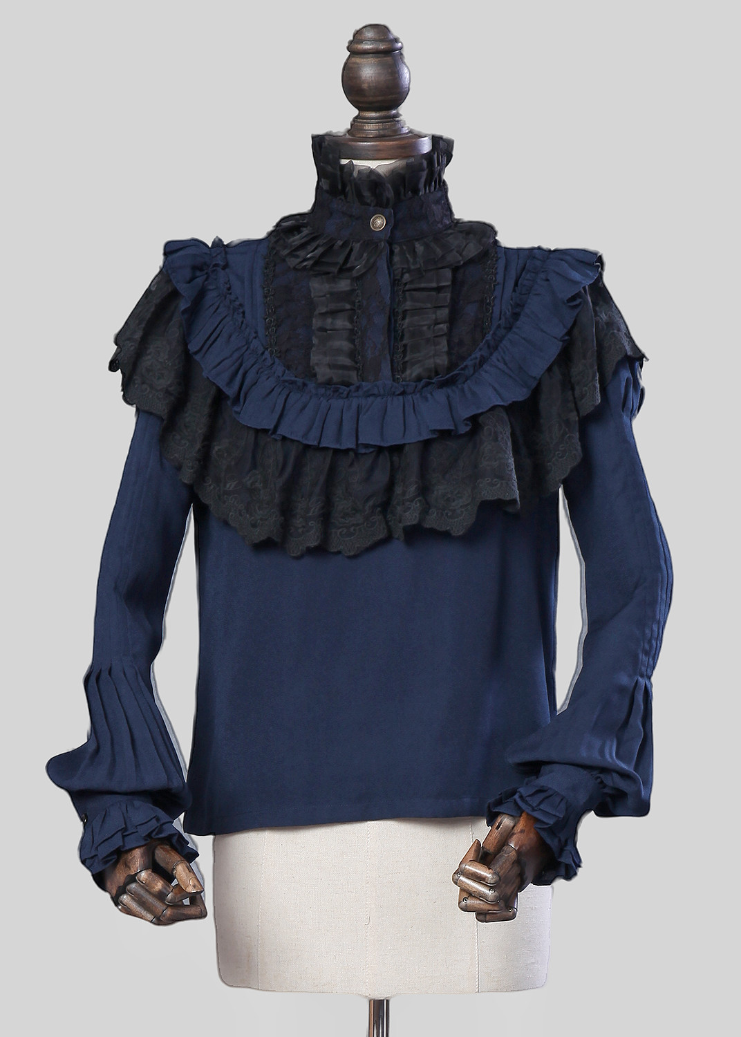 Victorian Gothic Navy Blue Ruffled Shirt High Collar Long Sleeve Blouse ...