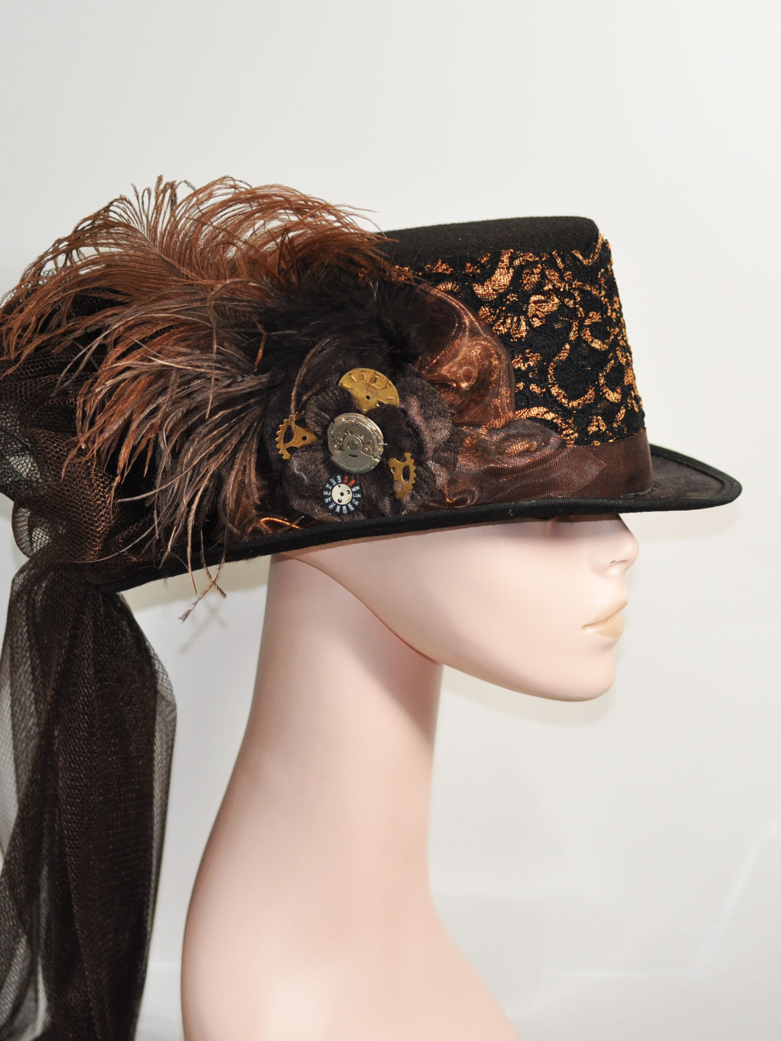 Ladies Victorian Edwardian Steampunk Black and Brown Felt Feather ...