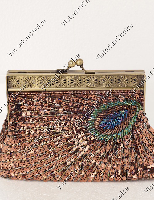 Brown Victorian Vintage Beaded Sequin Peacock Evening Bag Clutch Purse ...
